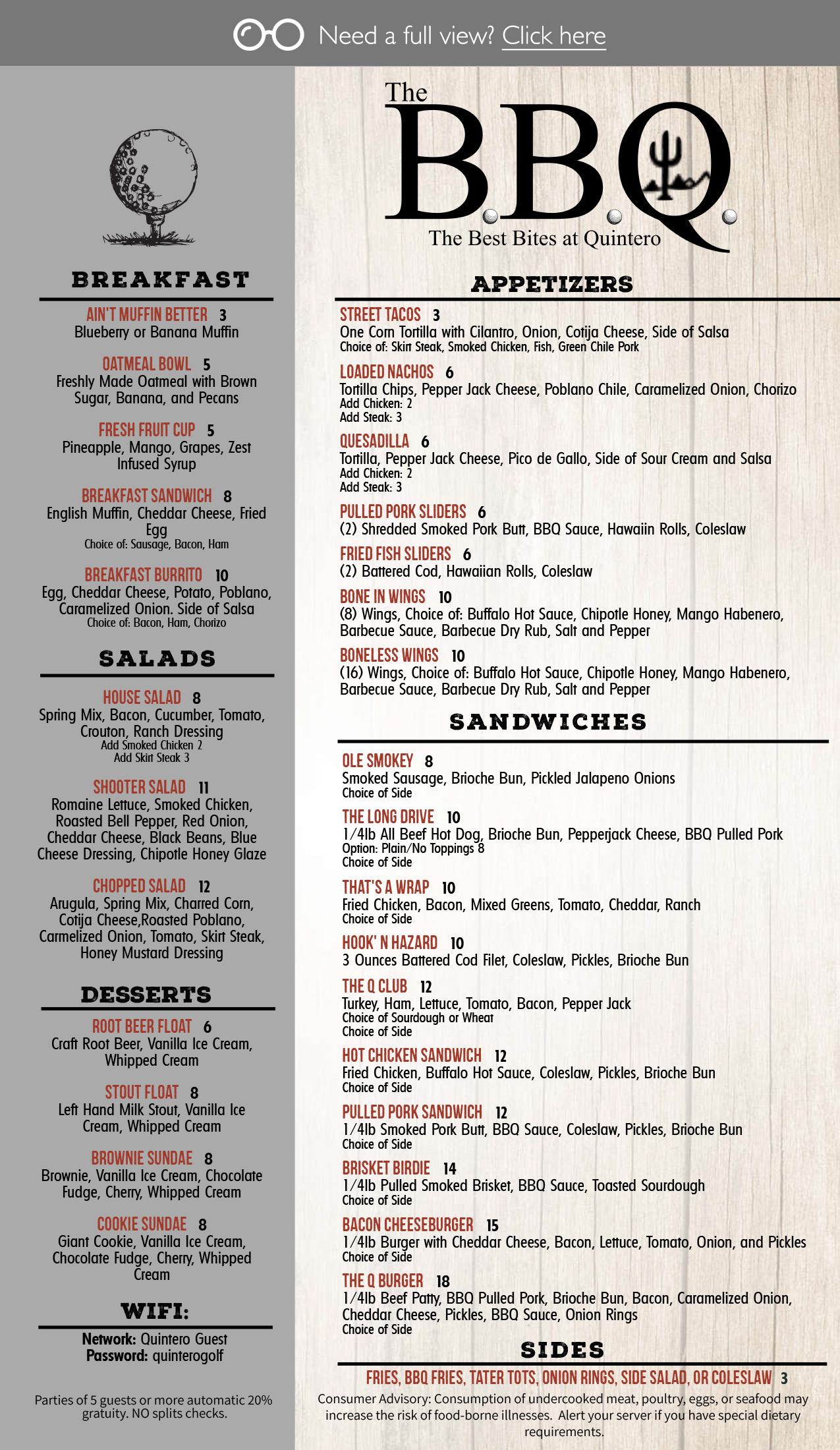 BBQ Menu | Scottsdale | Quintero Golf Club